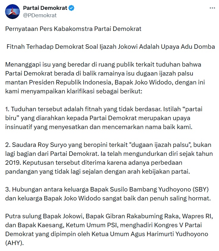 Partai Demokrat Menolak Bagian dari Isu Ijazah Palsu Jokowi – Aktual.co.id